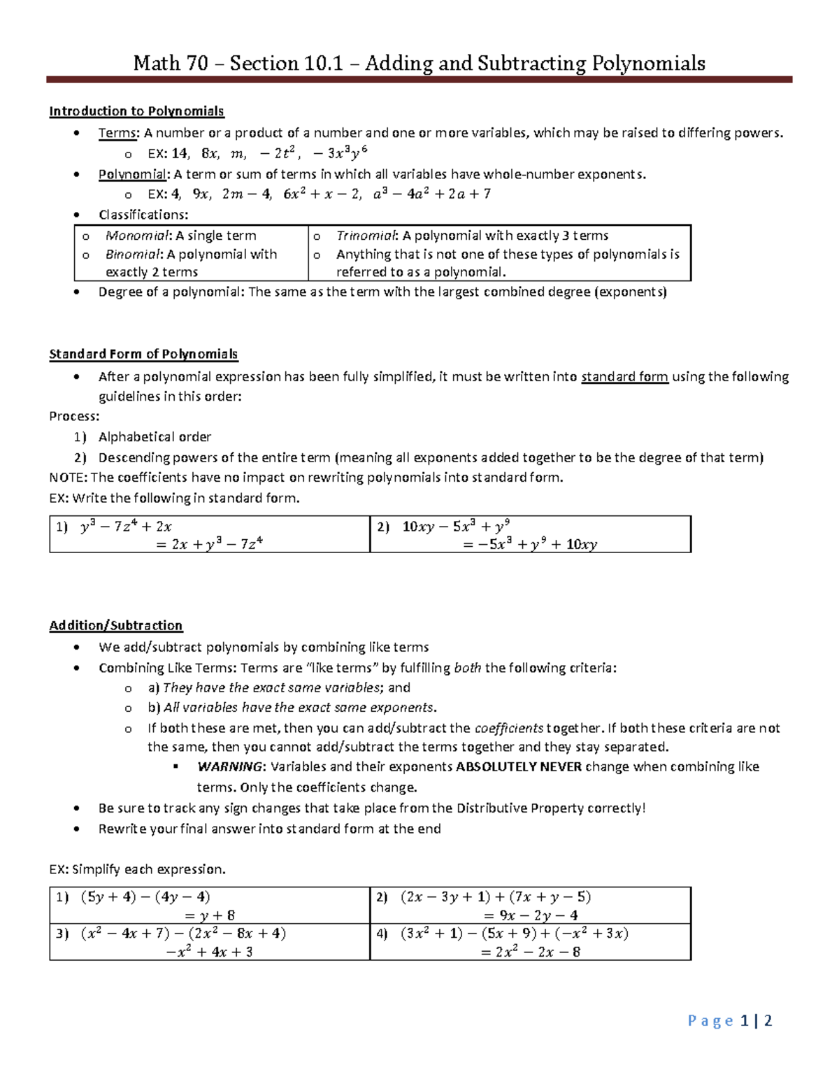 Math 70: 10.1 Adding & Subtracting Polynomials Notes - Studocu