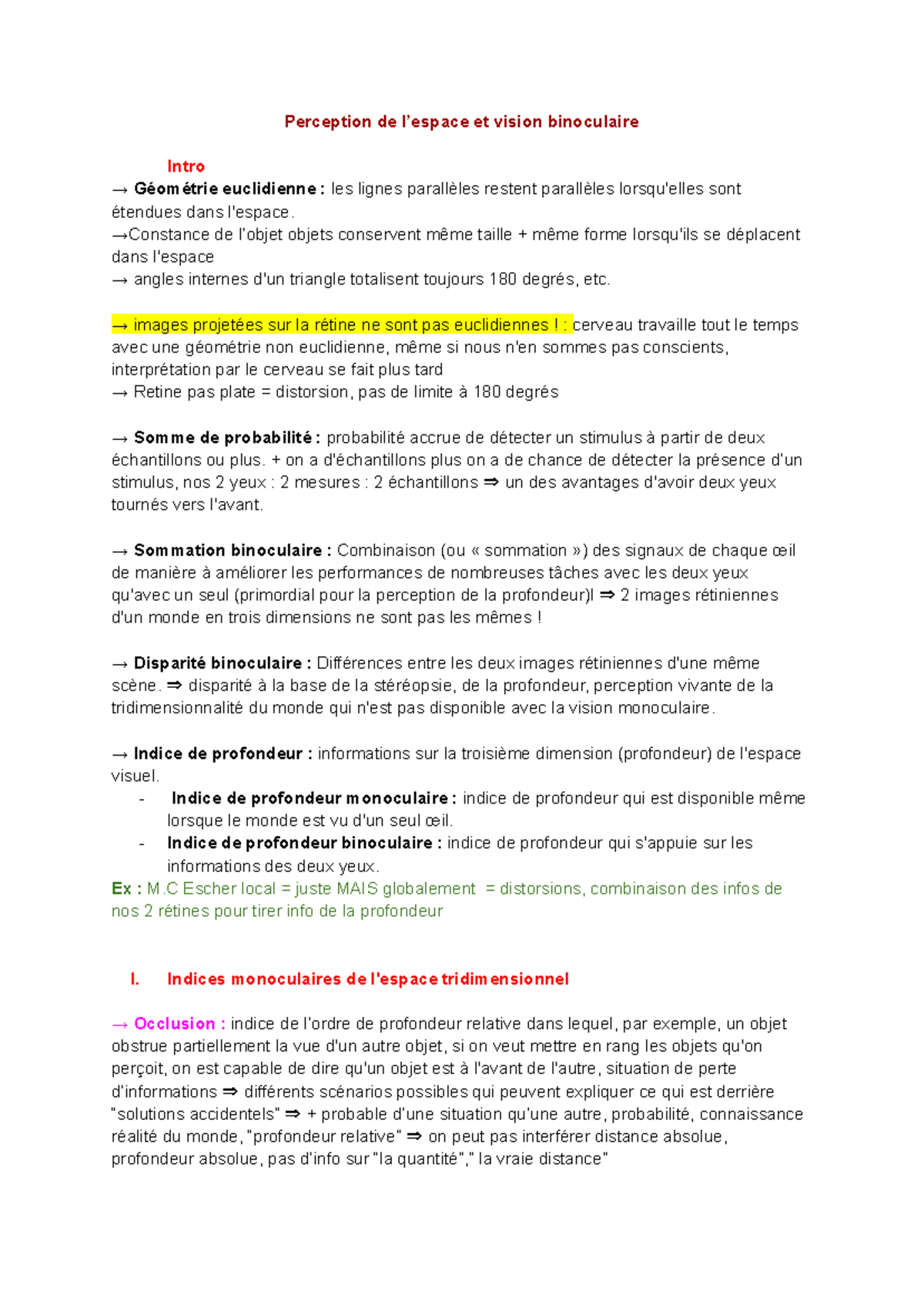 Cours 5 - Résumé de la Perception de l'Espace et Vision Binoculaire ...