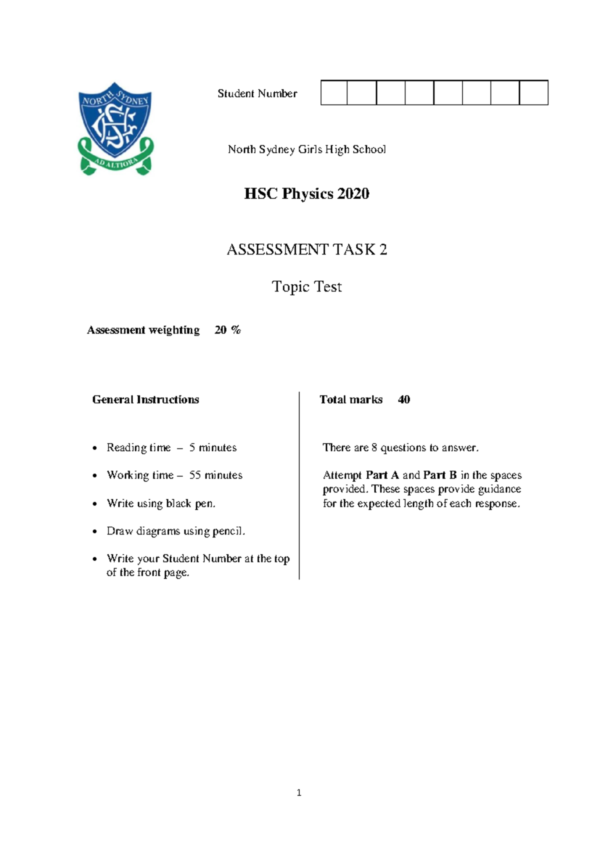 NSG HSC Physics 2020 Assessment Task 2: Topic Test Mod 5 & 6 - Studocu