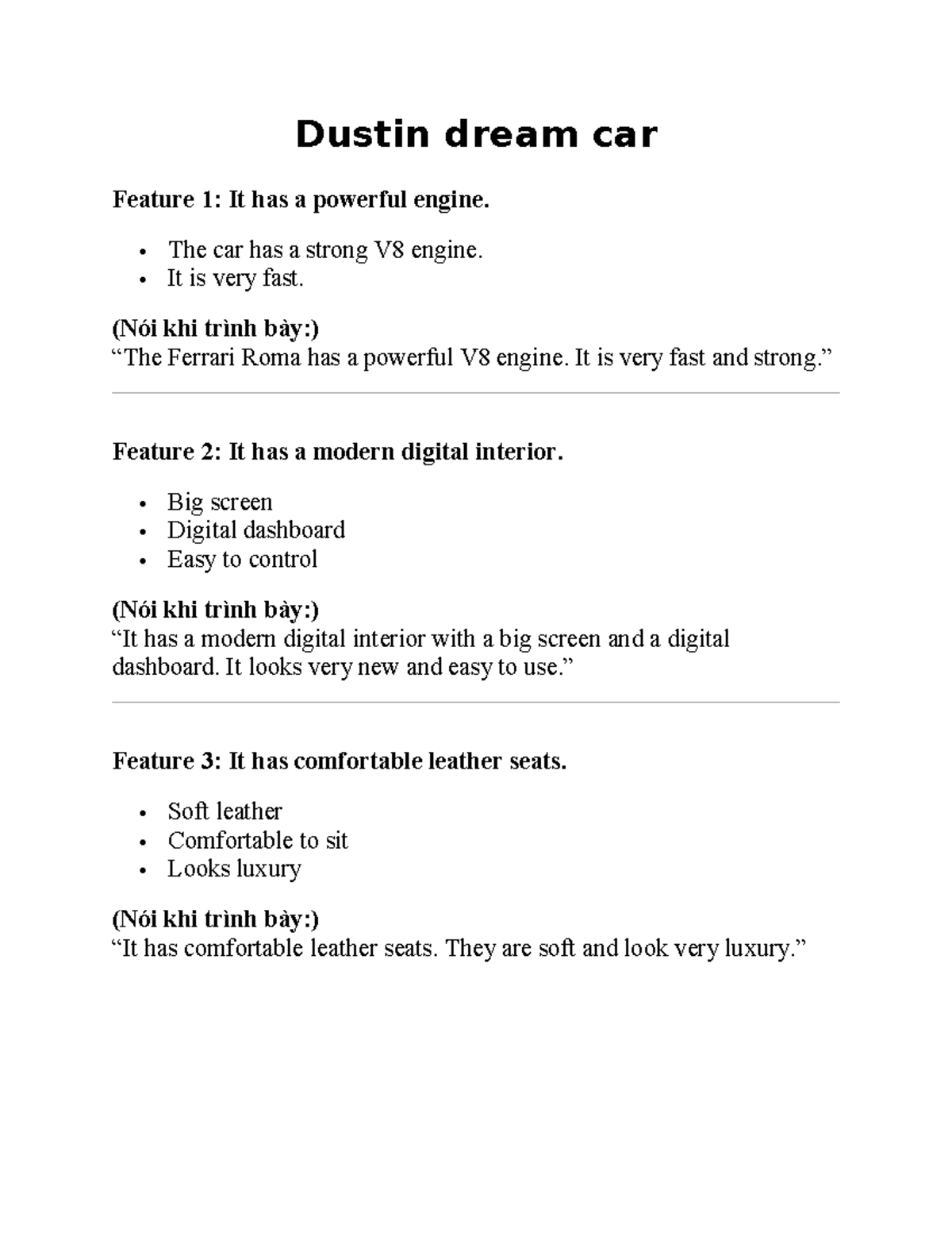 Dustin's Dream Car Features: Power, Style & Comfort - Studocu