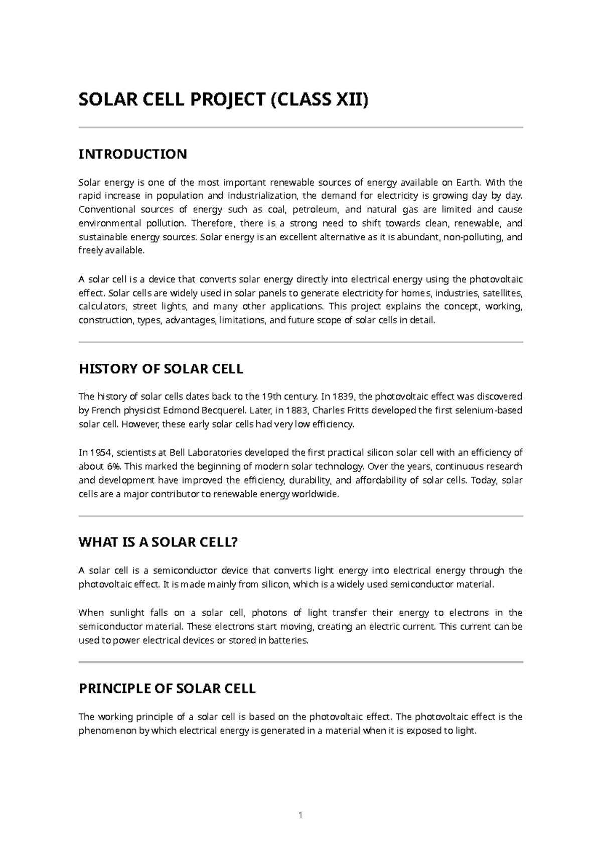Solar Cell Project Overview (Class XII) - Studocu