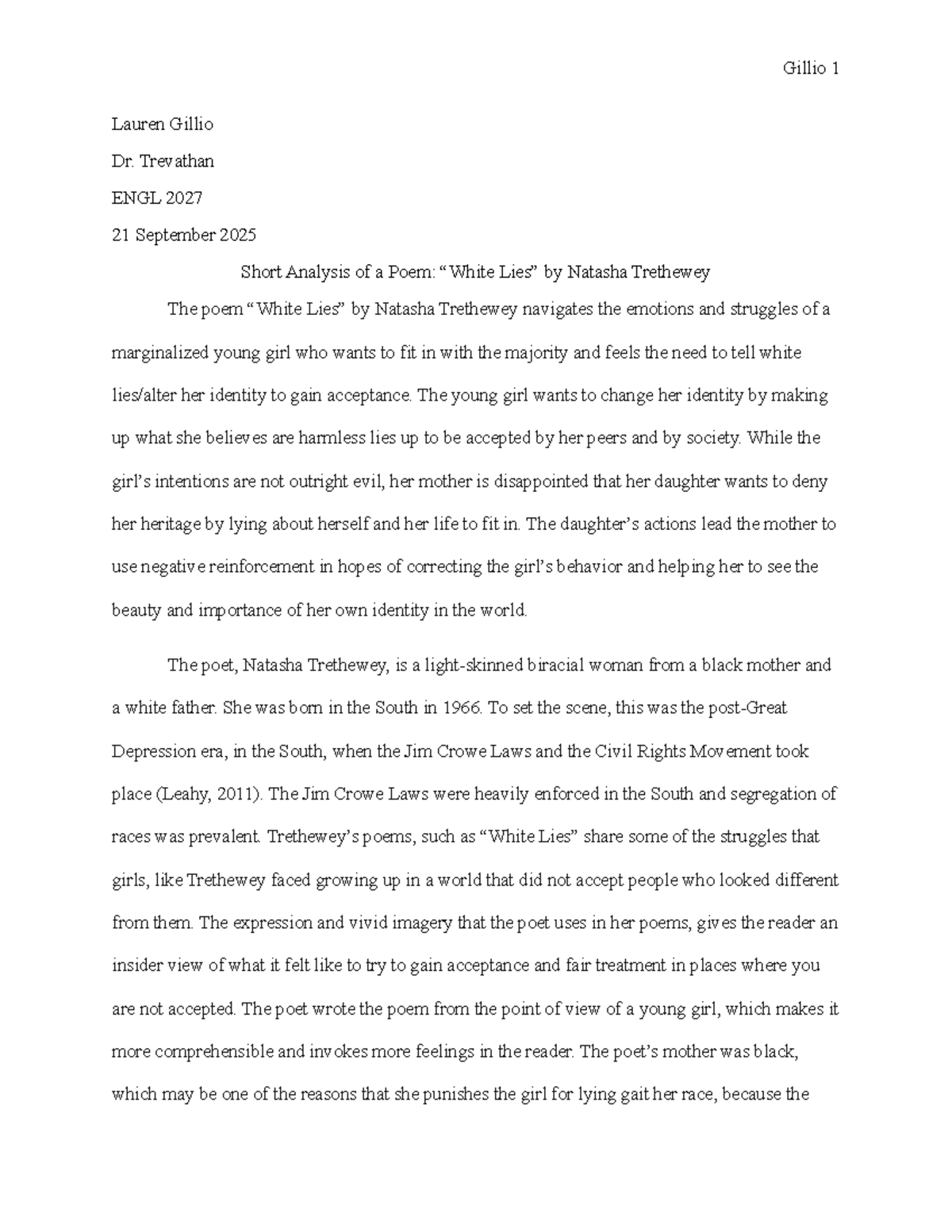 ENGL 2027 Short Analysis of Natasha Trethewey's Poem - Studocu