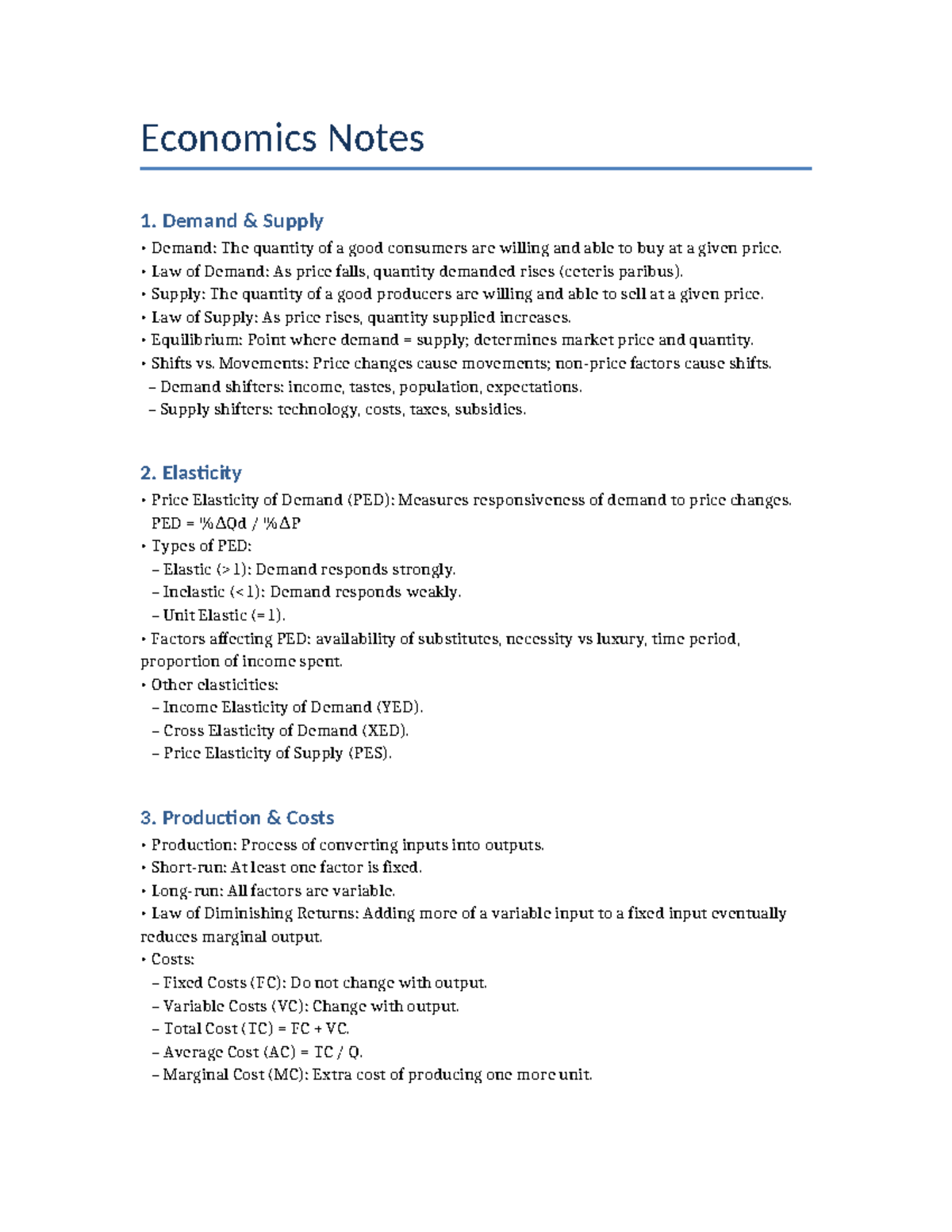 Economics Notes: Demand, Supply, and Elasticity Concepts - Studocu
