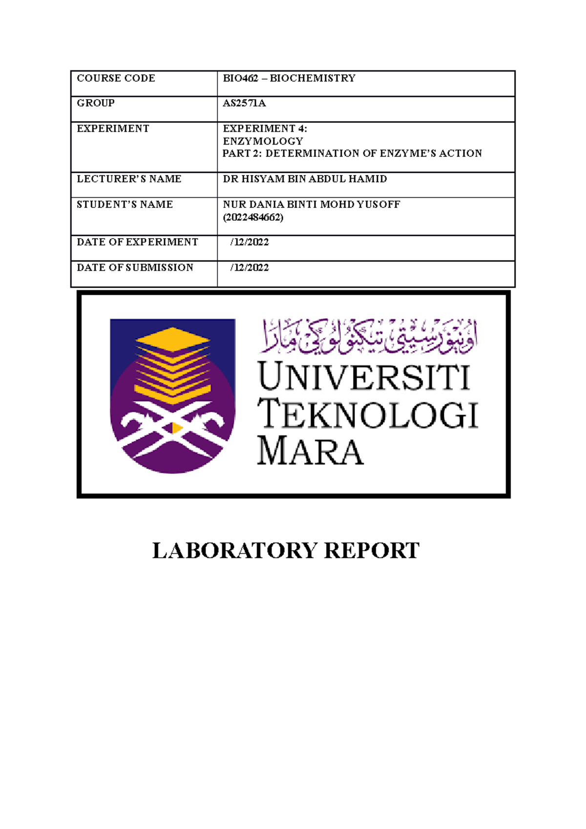 BIO462 Lab Report: Enzymology Practical 4 - AChE Activity Determination ...