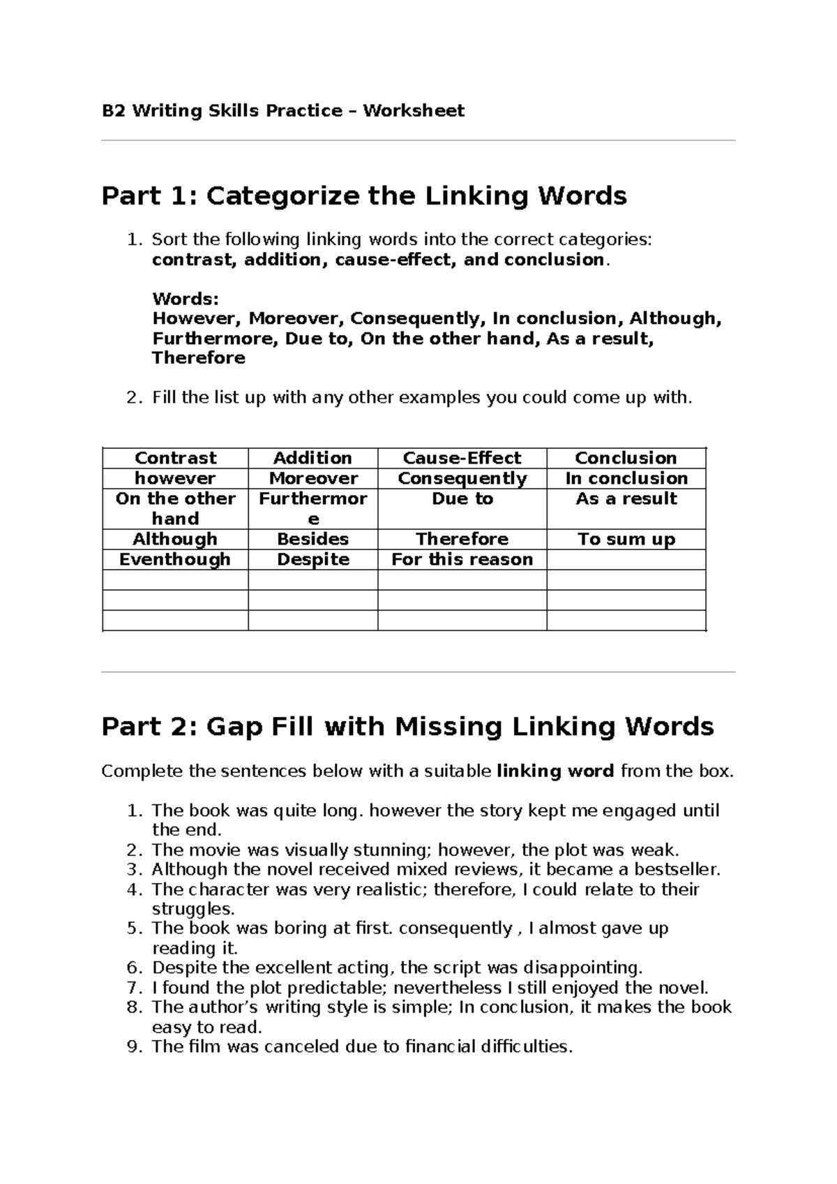 B2 Writing Skills Practice: Linking Words Categorization & Gap Fill ...