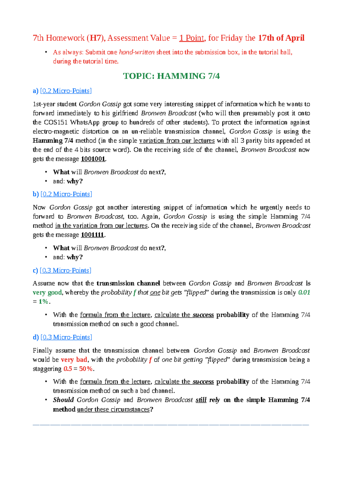 H7 Homework: Hamming Method Analysis and Transmission Probabilities ...