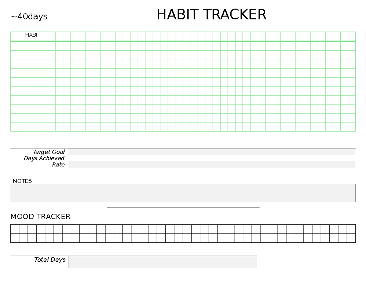 40DAYS - 123 - ~40days HABIT TRACKER HABIT Target Goal Days Achieved ...