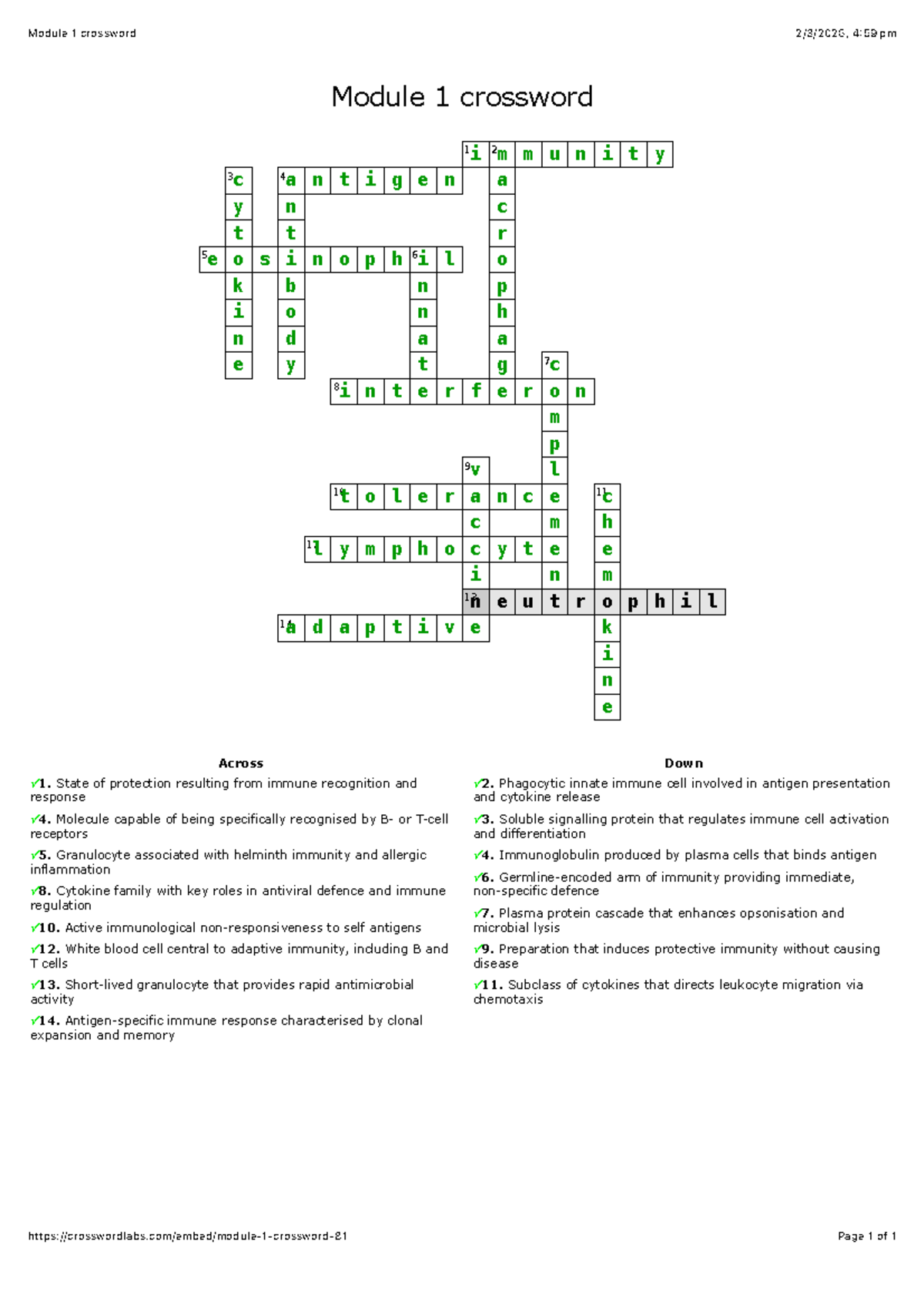 Module 1 Crossword Puzzle: Immune System Terms - Studocu
