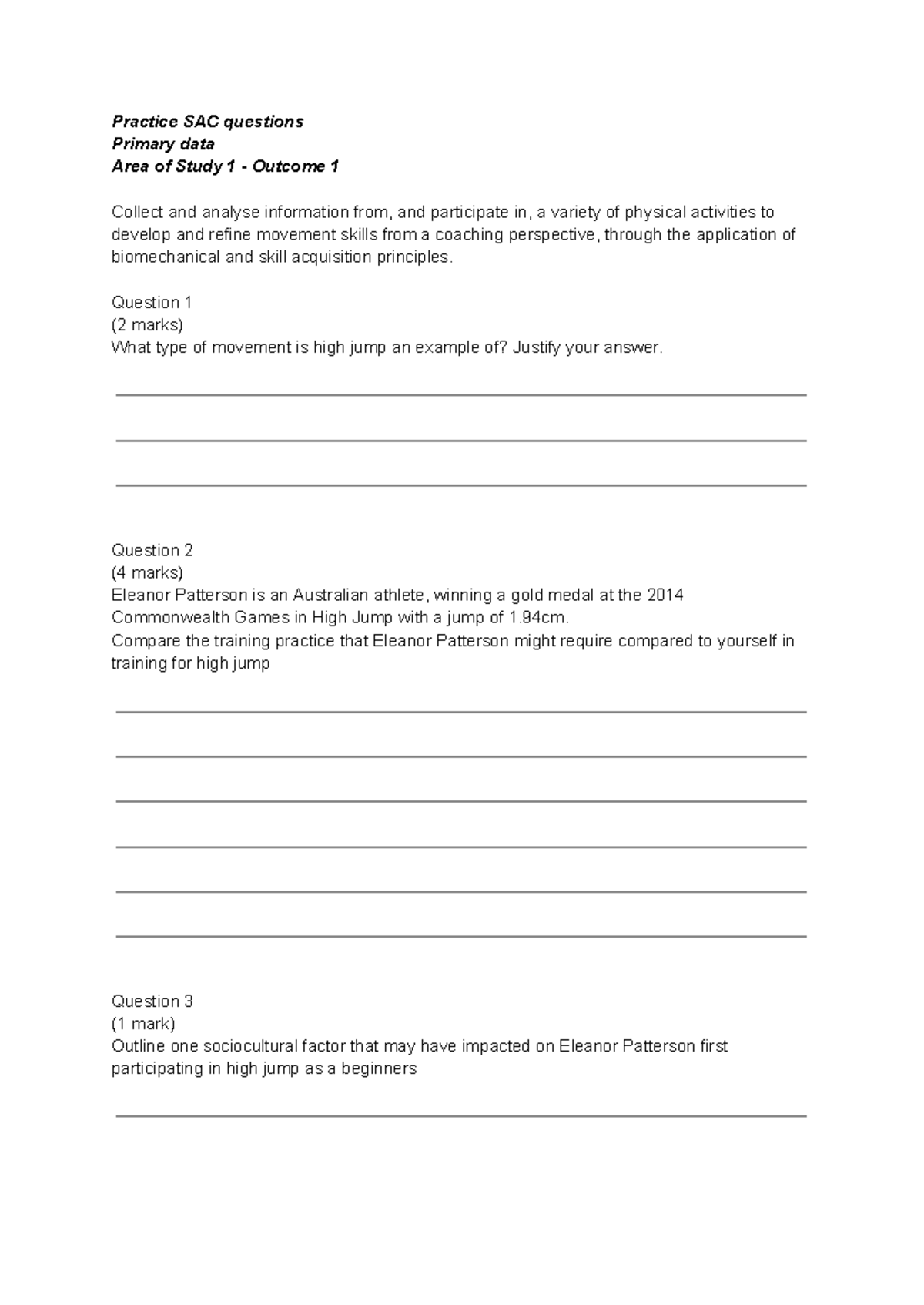 Unit 3 AOS 1 Practice SAC: Physical Education Study Guide - Studocu