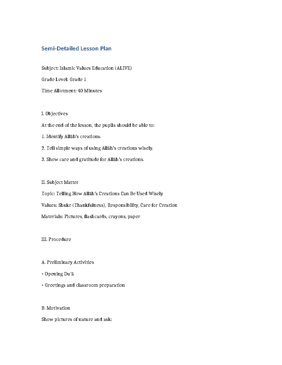 ALIVE Grade 1 Lesson Plan: Using Allah's Creations Wisely - Studocu