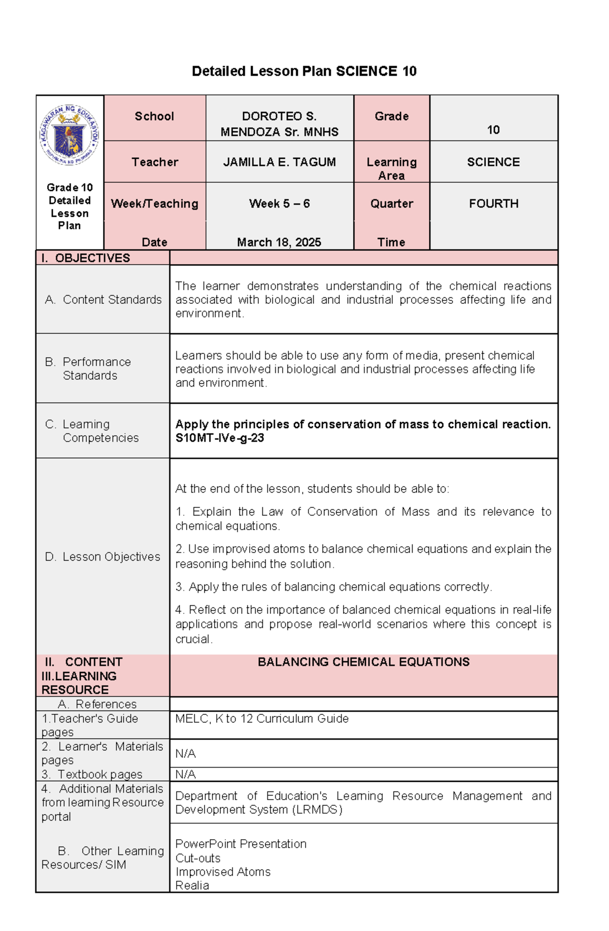 SCIENCE 10 Detailed Lesson Plan: Balancing Chemical Equations (Week 5 ...