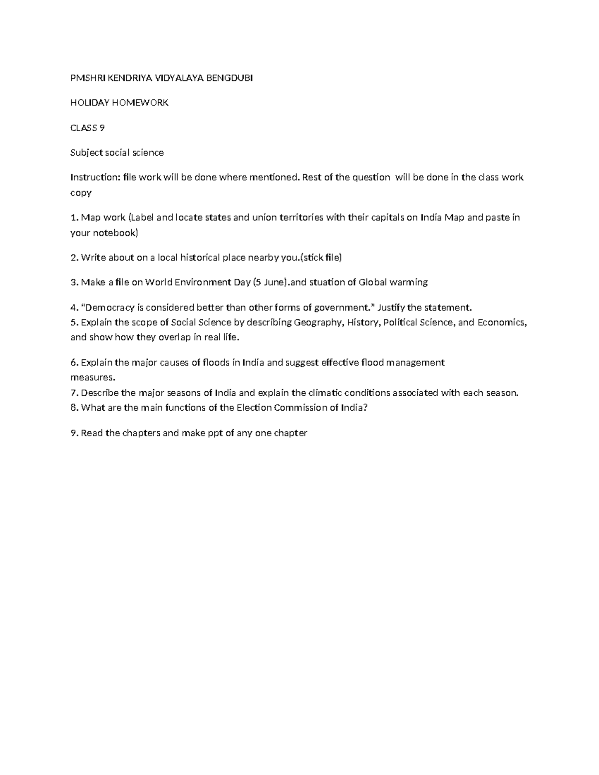 PMSHRI KENDRIYA VIDYALAYA BENGDUBI CLASS 9 Holiday Homework - Social ...