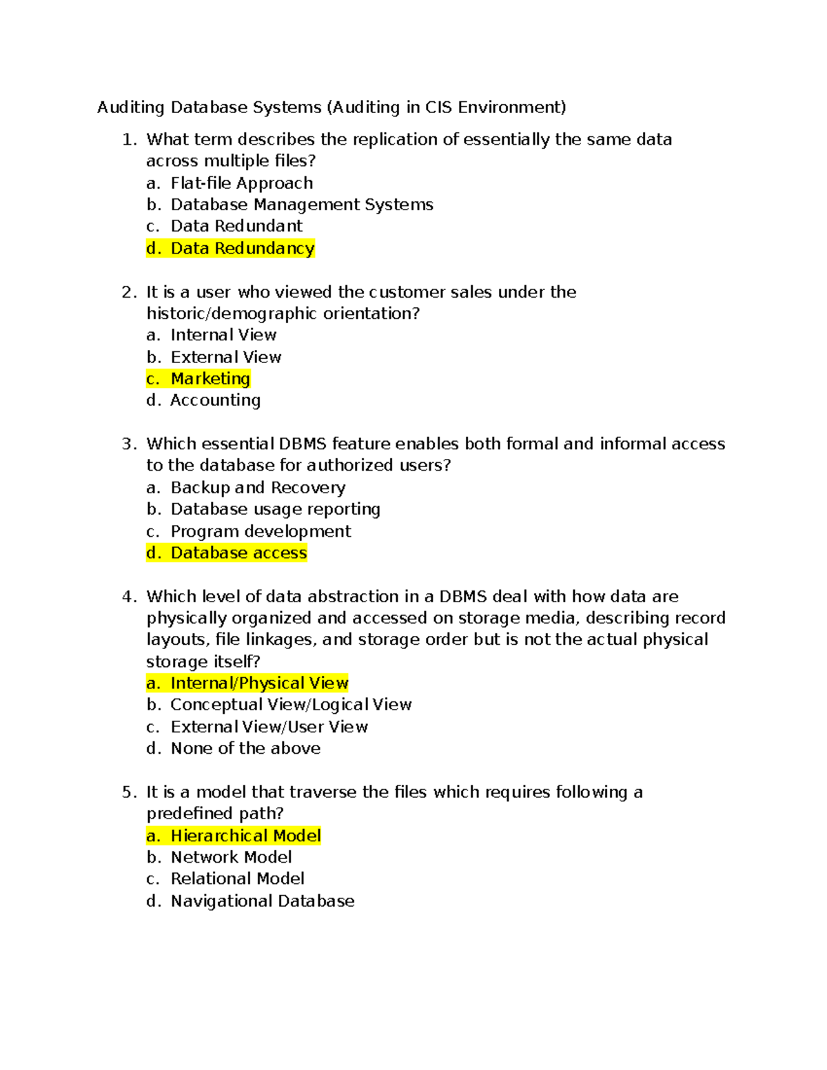 Auditing Database Systems Quiz: Key Concepts and Terminology - Studocu