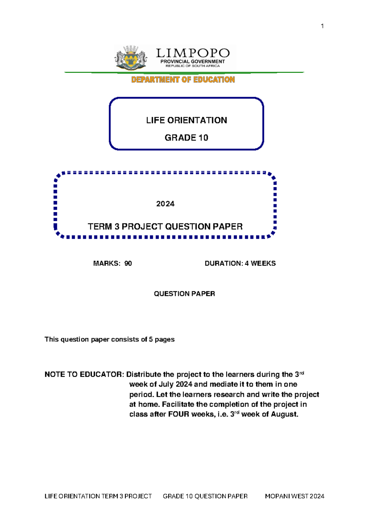 2024 LO TERM 3 Grade 10 Formal Assessment Project Question Paper - Studocu