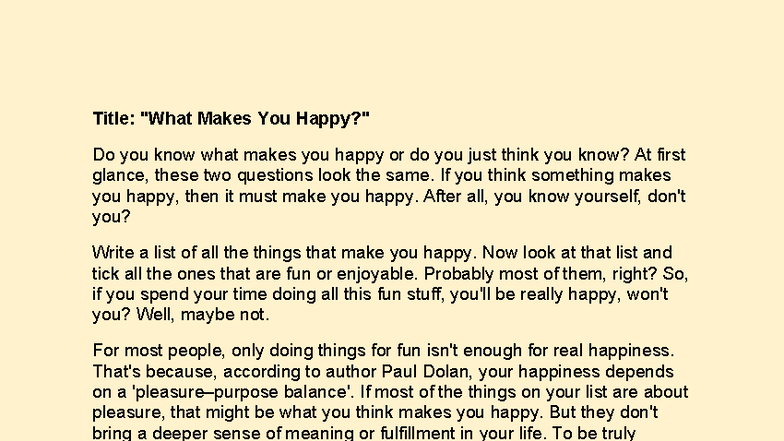 Title: Exploring Happiness: Pleasure vs. Purpose - Studocu