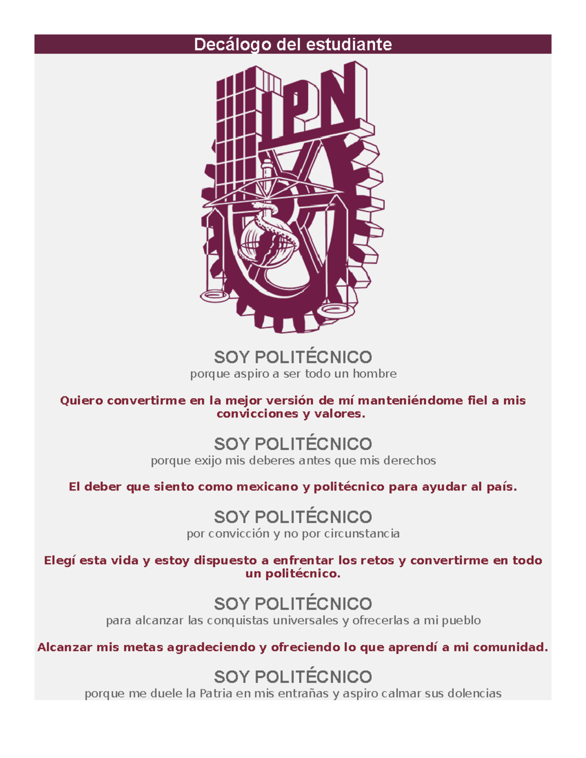 Decálogo del Estudiante: Ser Politécnico y sus Significados - Studocu