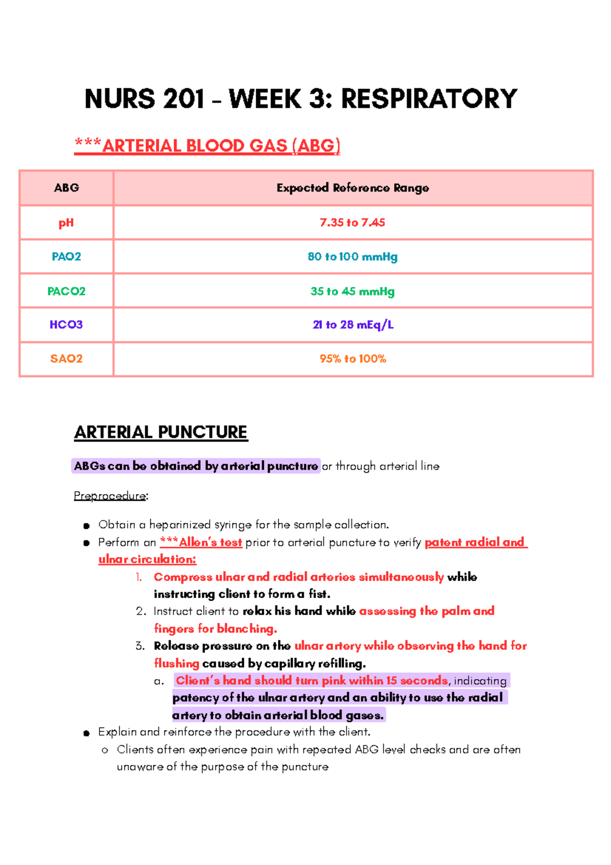 NURS 201 - WEEK 3: Respiratory Assessment and Interventions Guide - Studocu