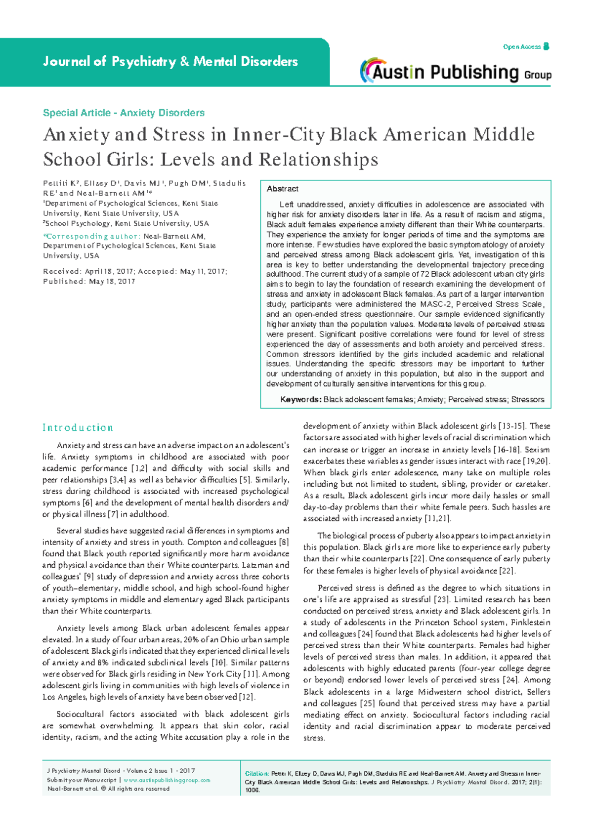Angela Neal-Barnett - Article - Citation: Pettiti K, Ellzey D, Davis MJ ...