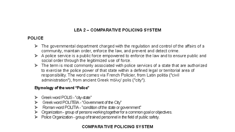 LEA 2 - Comparative Policing Systems: An In-Depth Analysis - Studocu