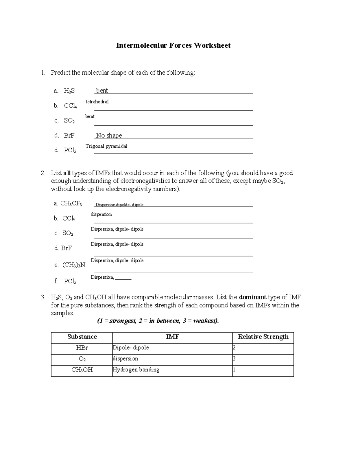 Worksheet 3 - idk - Intermolecular Forces Worksheet Predict the ...