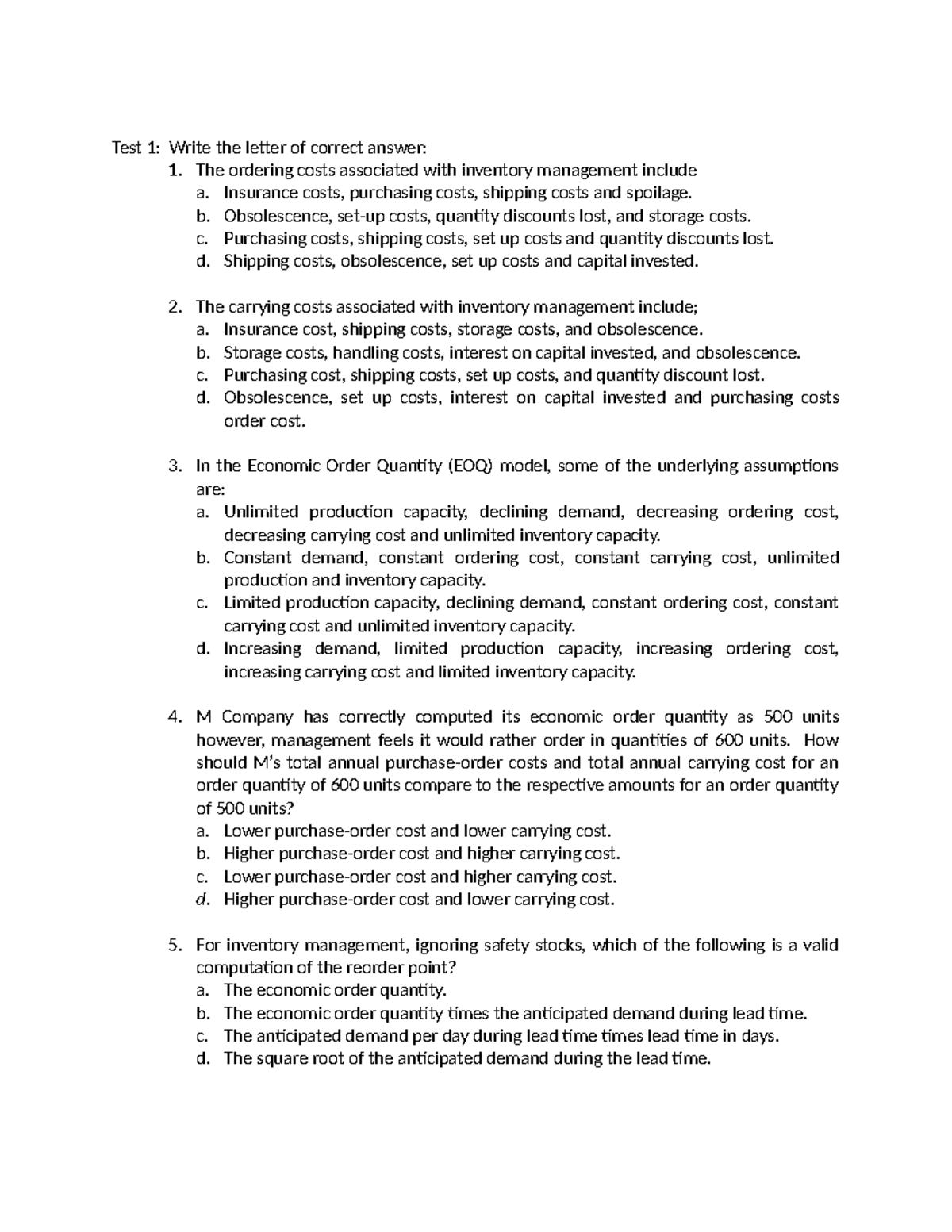 Test for Chapter 10 - Management Science: Inventory Management & EOQ ...