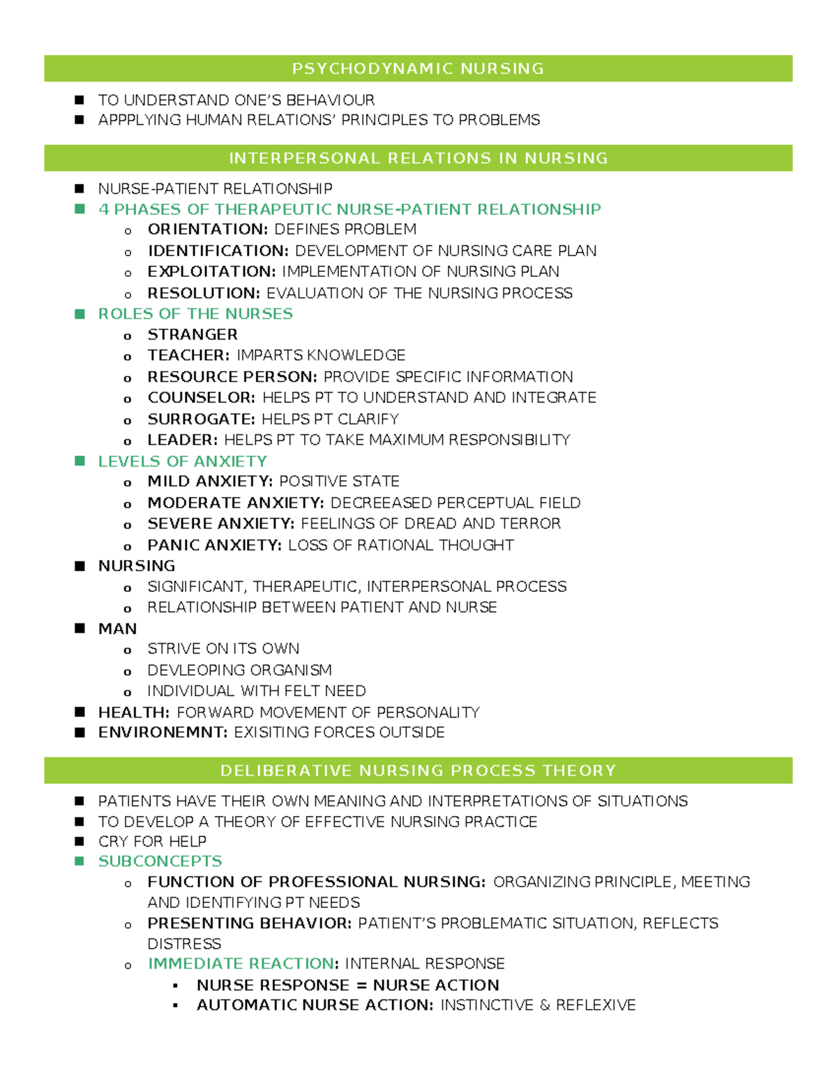 TFN Reviewer - contains 4 theories - PSYCHODYNAMIC NURSING TO ...