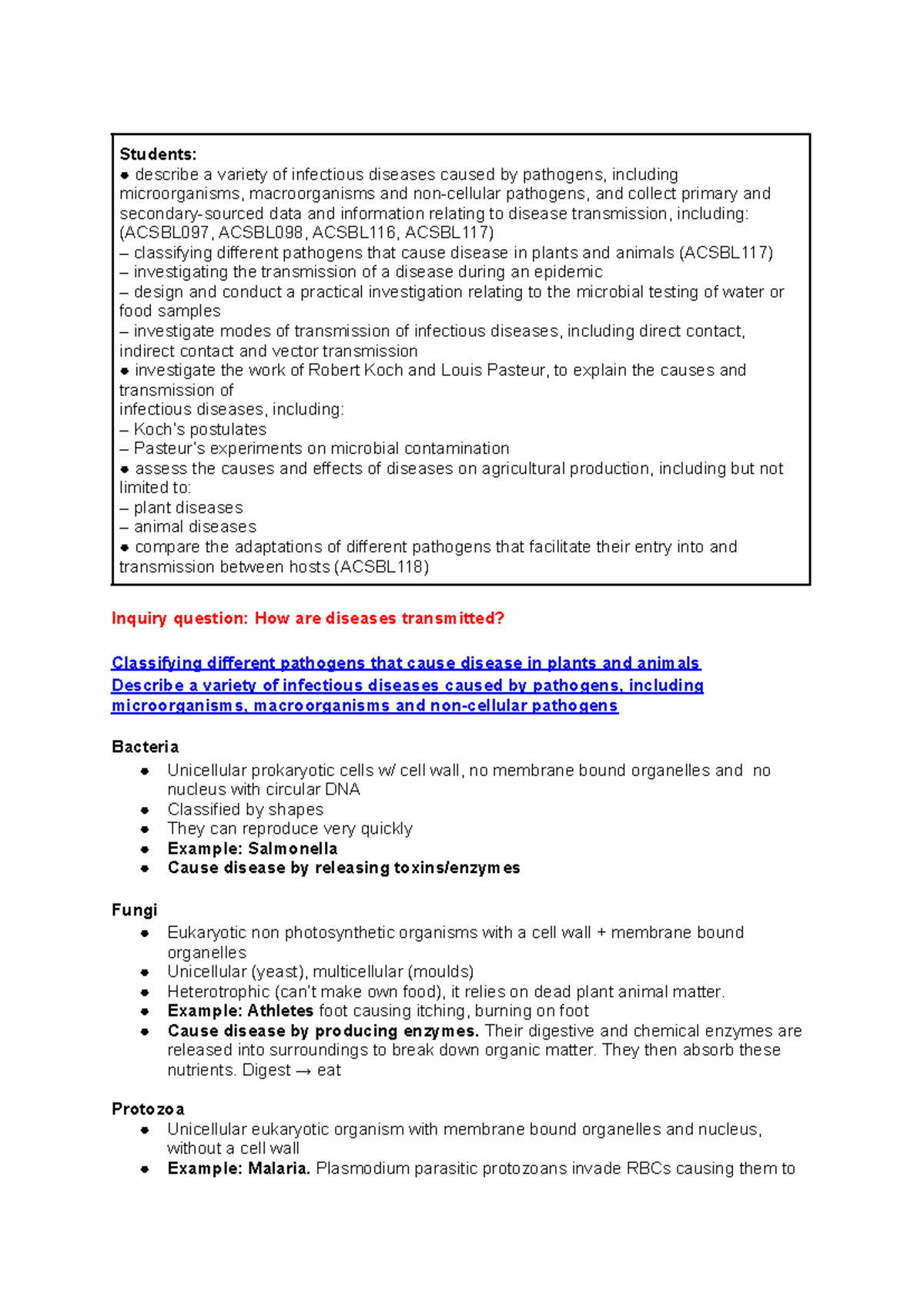 Biology Module 7 HSC: Infectious Diseases & Pathogen Transmission Notes ...