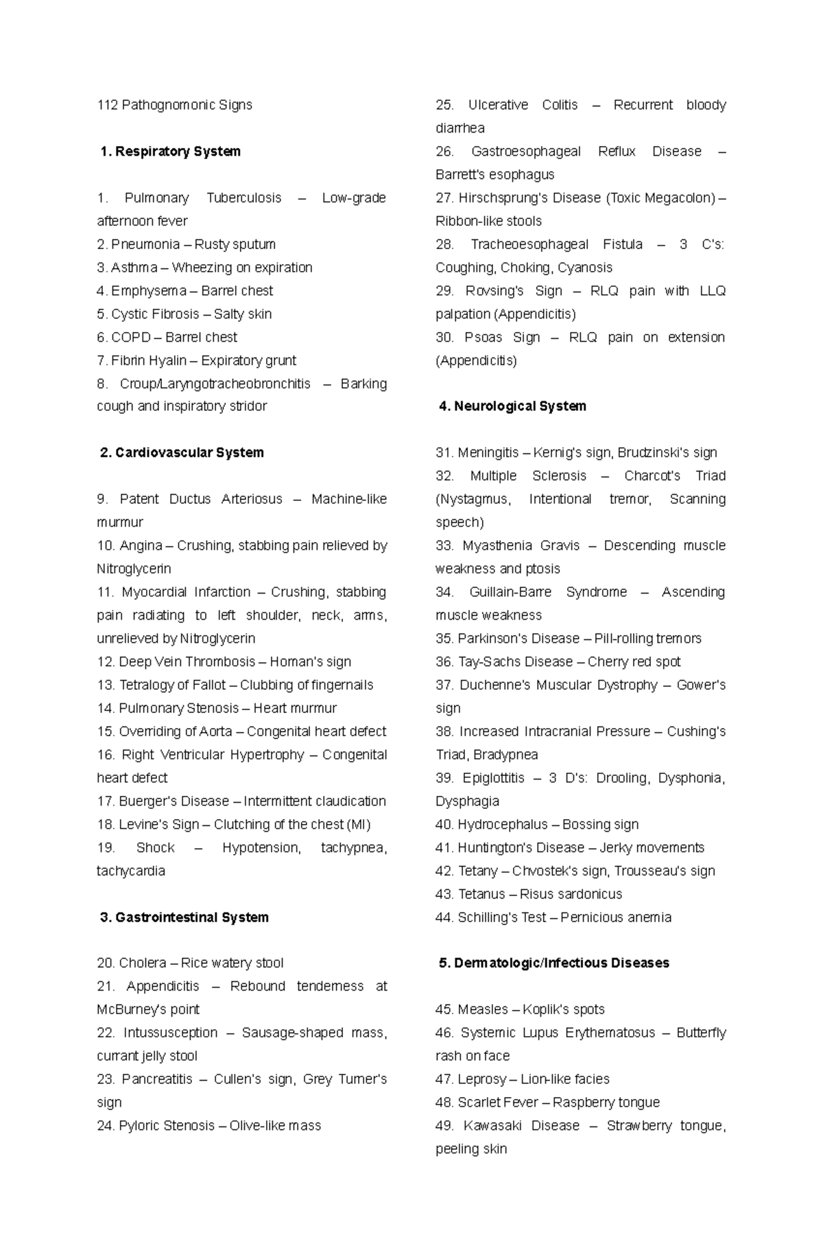 PATHOGNOMONICS SIGN - 112 Pathognomonic Signs 1. Respiratory System ...
