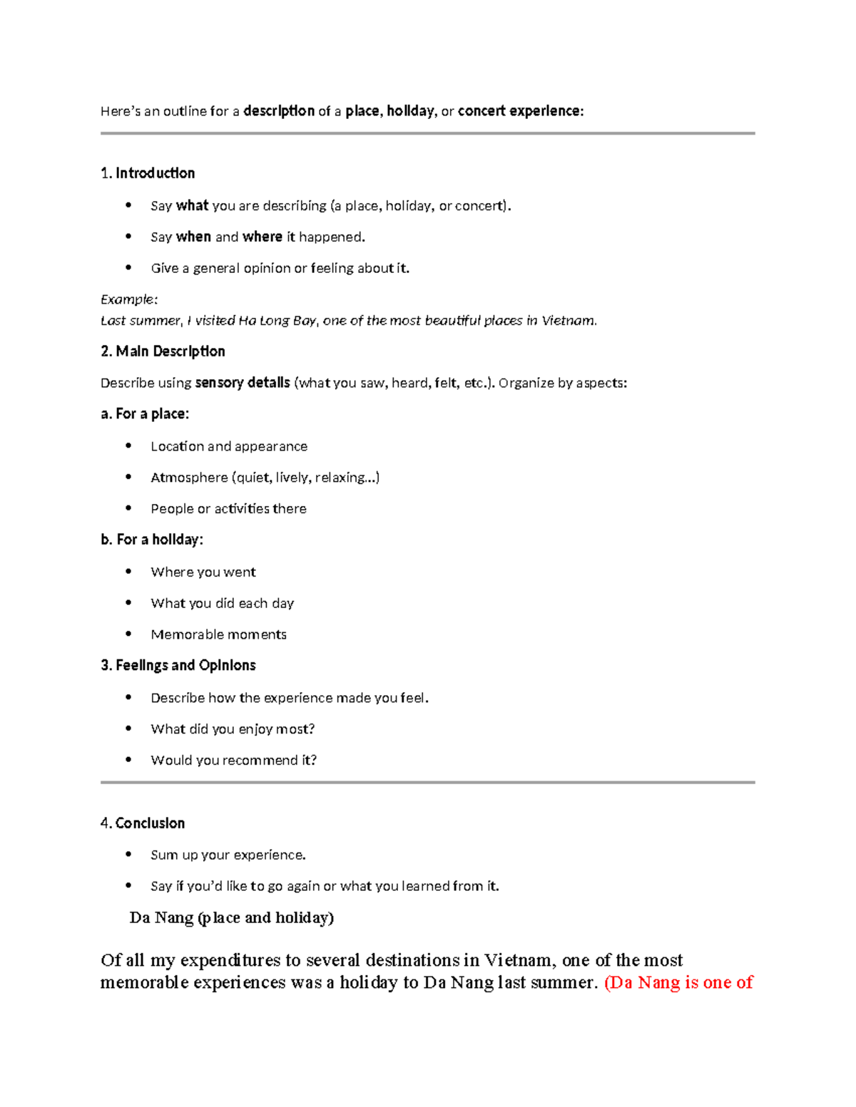 Outline for Describing a Place or Holiday Experience - Studocu