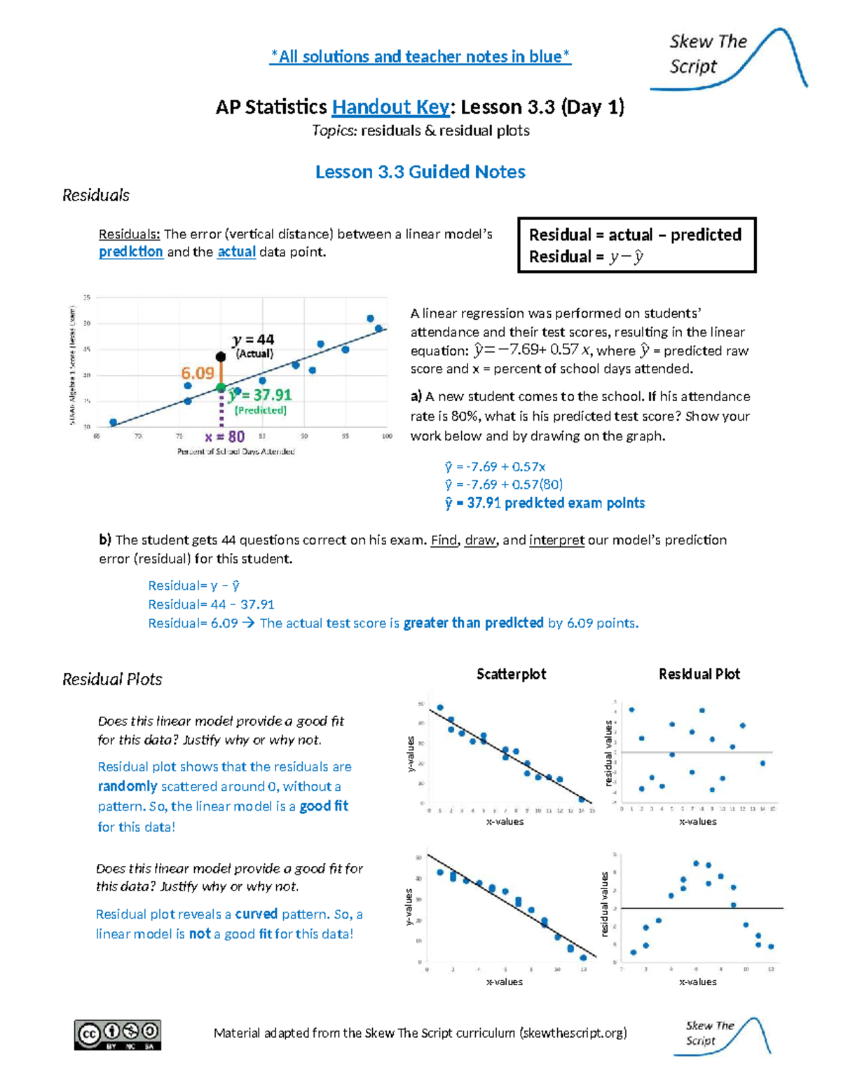 AP Statistics (3.3.A) Lesson 3.3 Handout Key: Residuals & Plots - Studocu