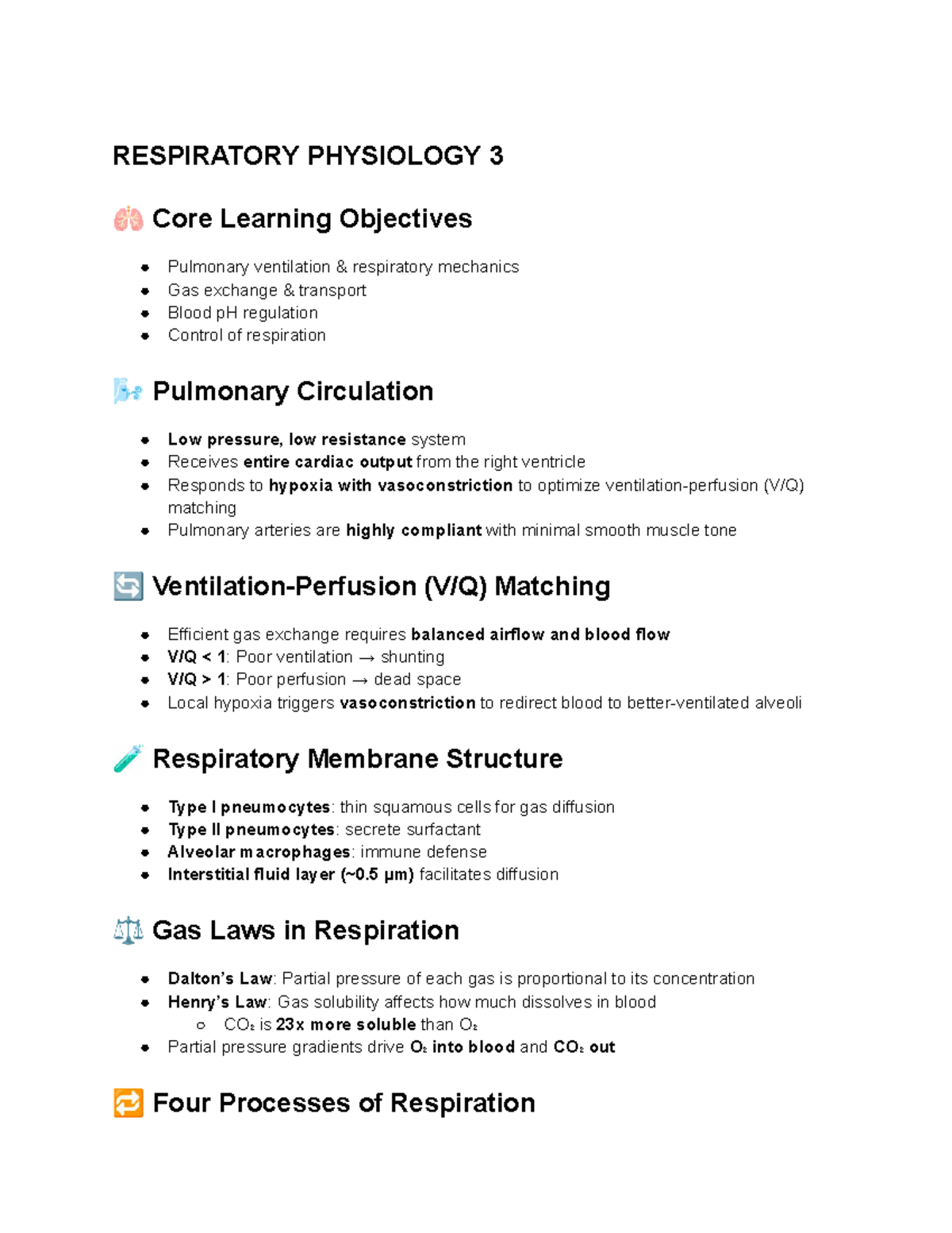 Respiratory Physiology 3: Core Learning Objectives & Key Concepts - Studocu