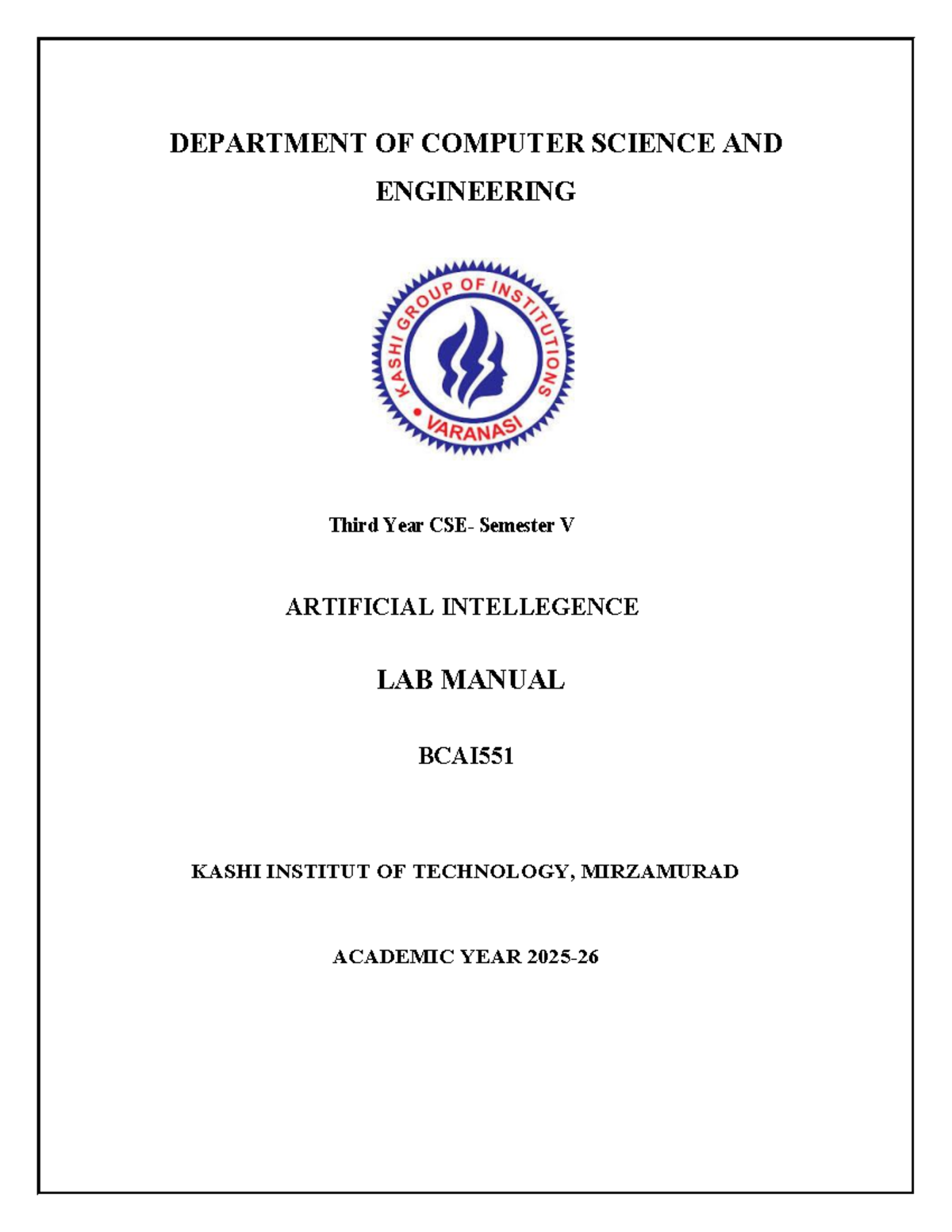 AI LAB Manual - BCAI551 - 3rd Year Semester V - Studocu