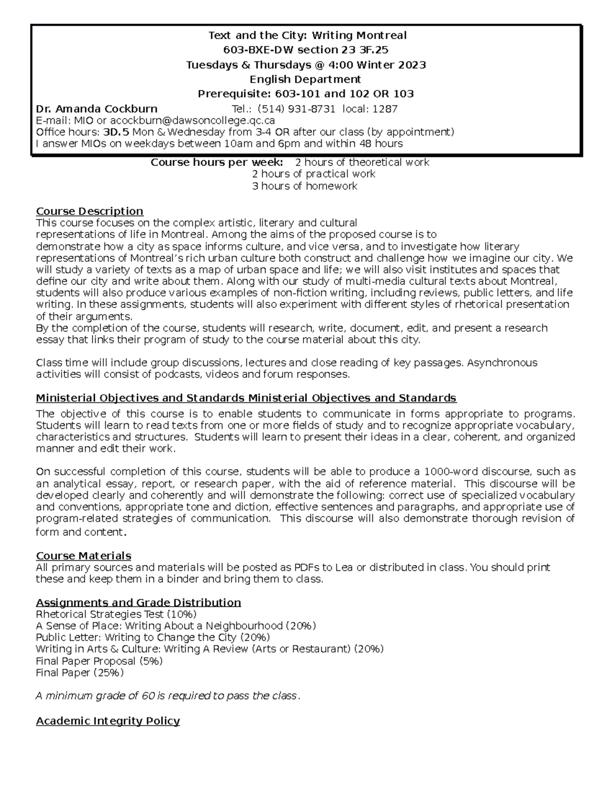 Writing Montreal: Course Outline for 603-BXE-DW Section 23 - Studocu
