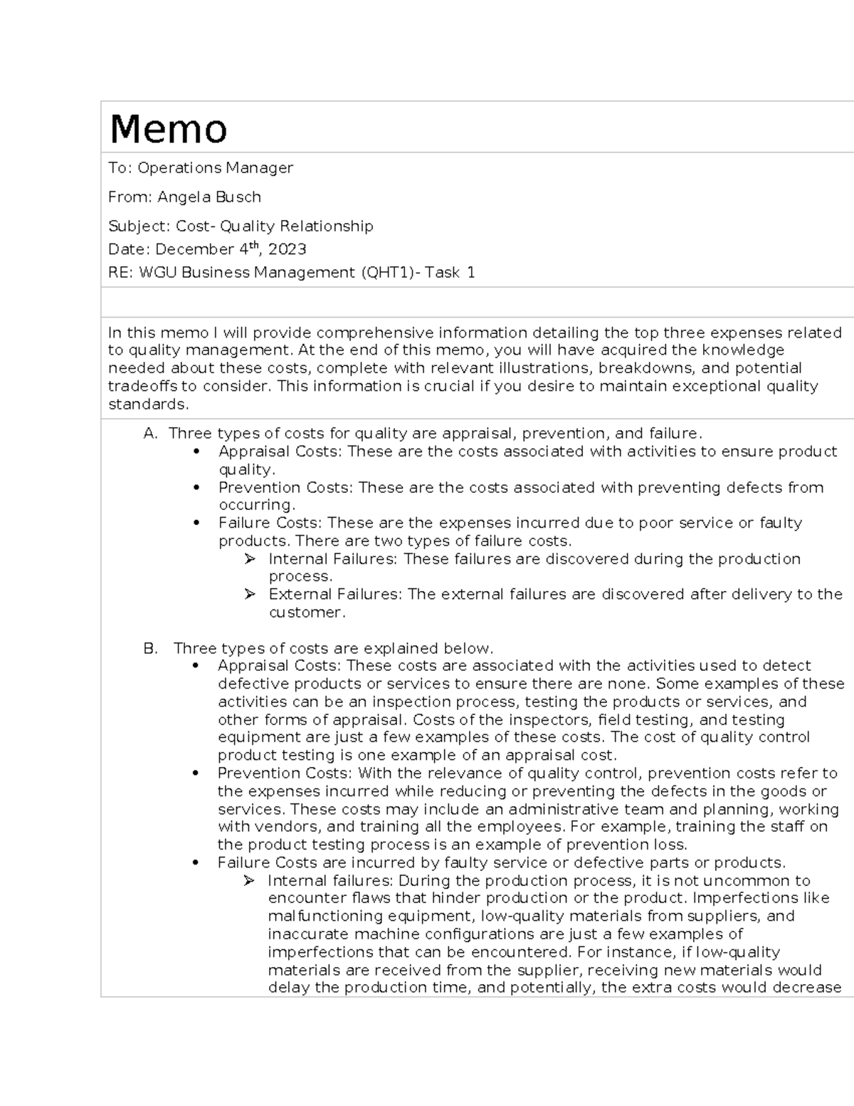 Memo Task 1 - Task 1 memo - Memo To: Operations Manager From: Angela ...