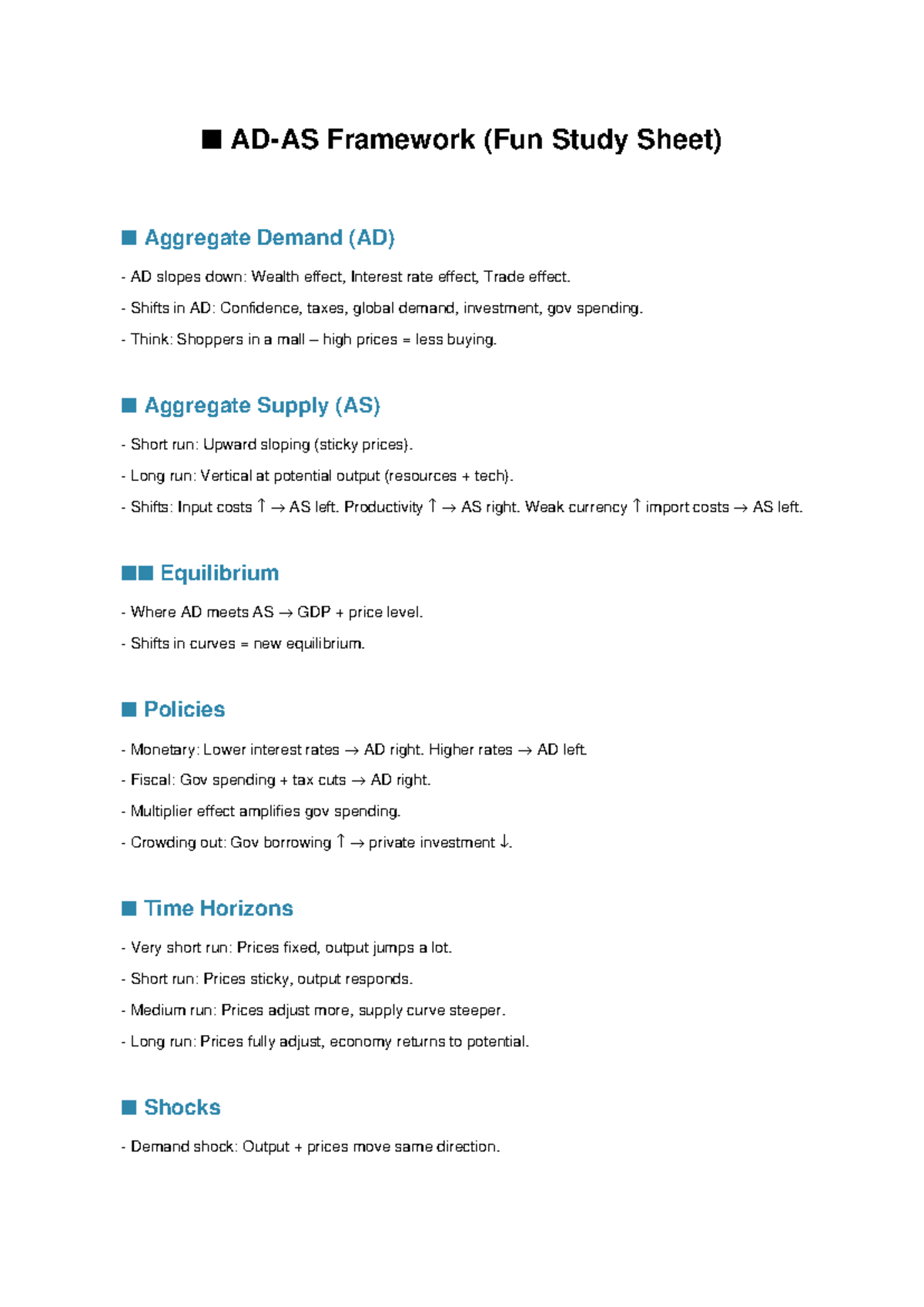 AD AS Fun Summary: Aggregate Demand & Supply Insights - Studocu