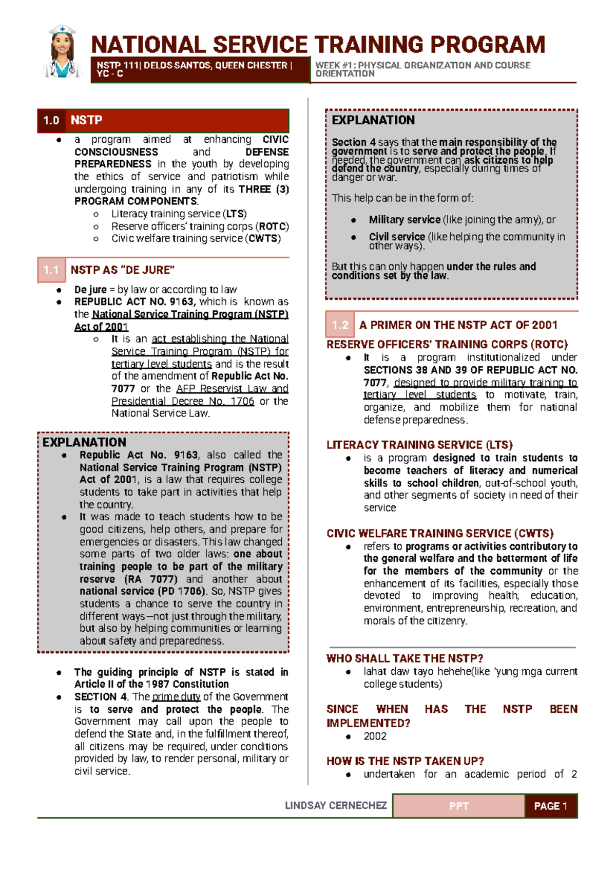 NSTP 111 - Week 1 Lecture: Overview of National Service Training ...
