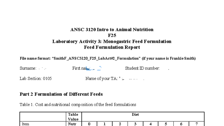 ANSC 3120 F25 Lab 3: Monogastric Feed Formulation Report - Studocu