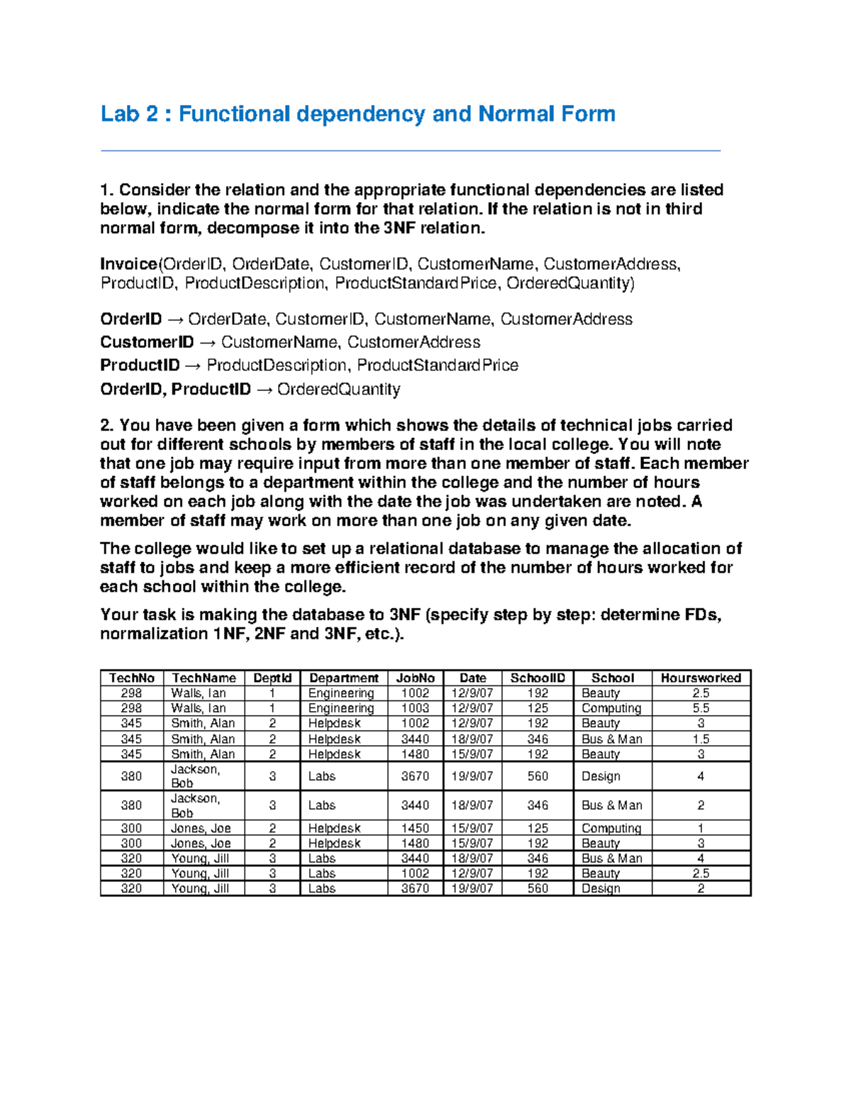 DBI202 Lab 2: Functional Dependency & 3NF Normalization Steps - Studocu