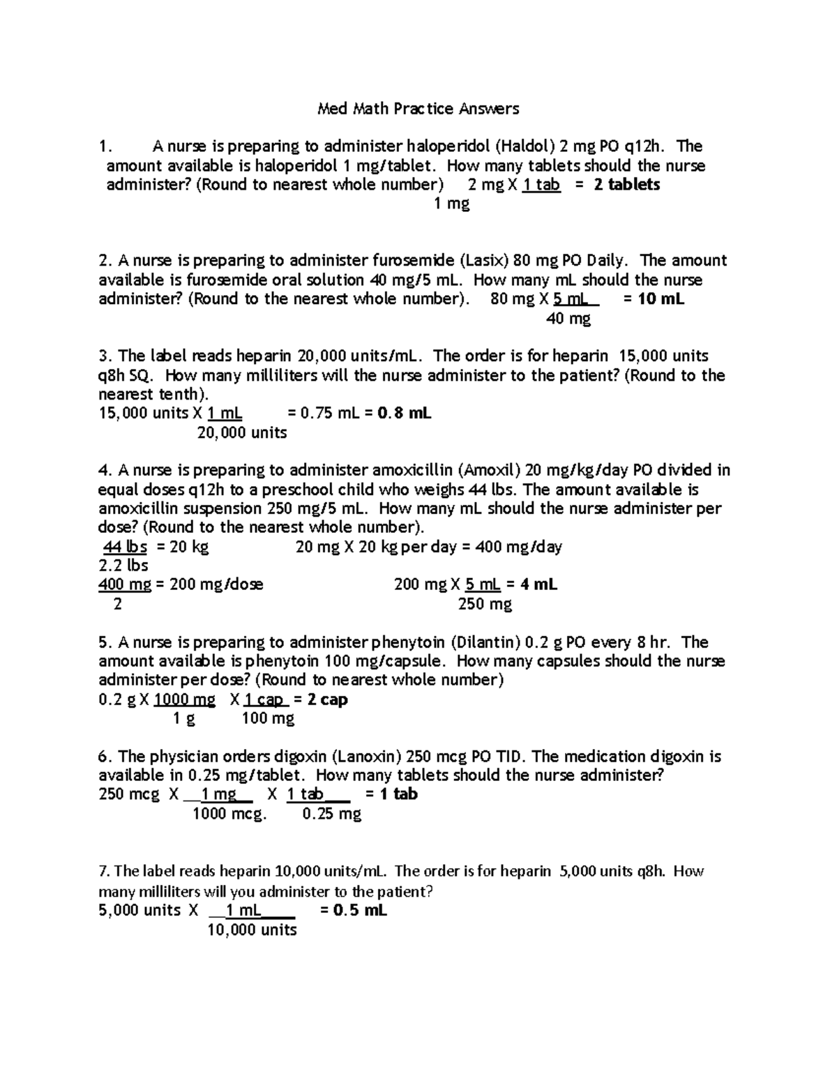 Med Math Practice Answers (NURS 101) - Studocu