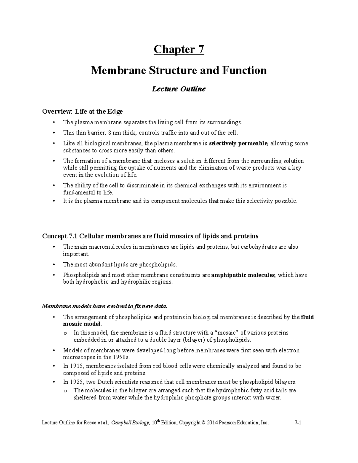 Reece 10e Lecture Outline: Chapter 7 Membrane Structure & Function ...