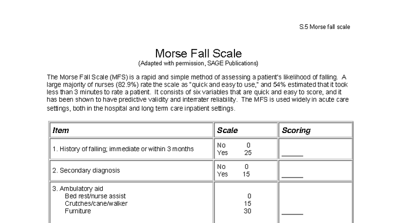 Morse Fall Scale Assessment (MFS) in Healthcare Settings - Studocu