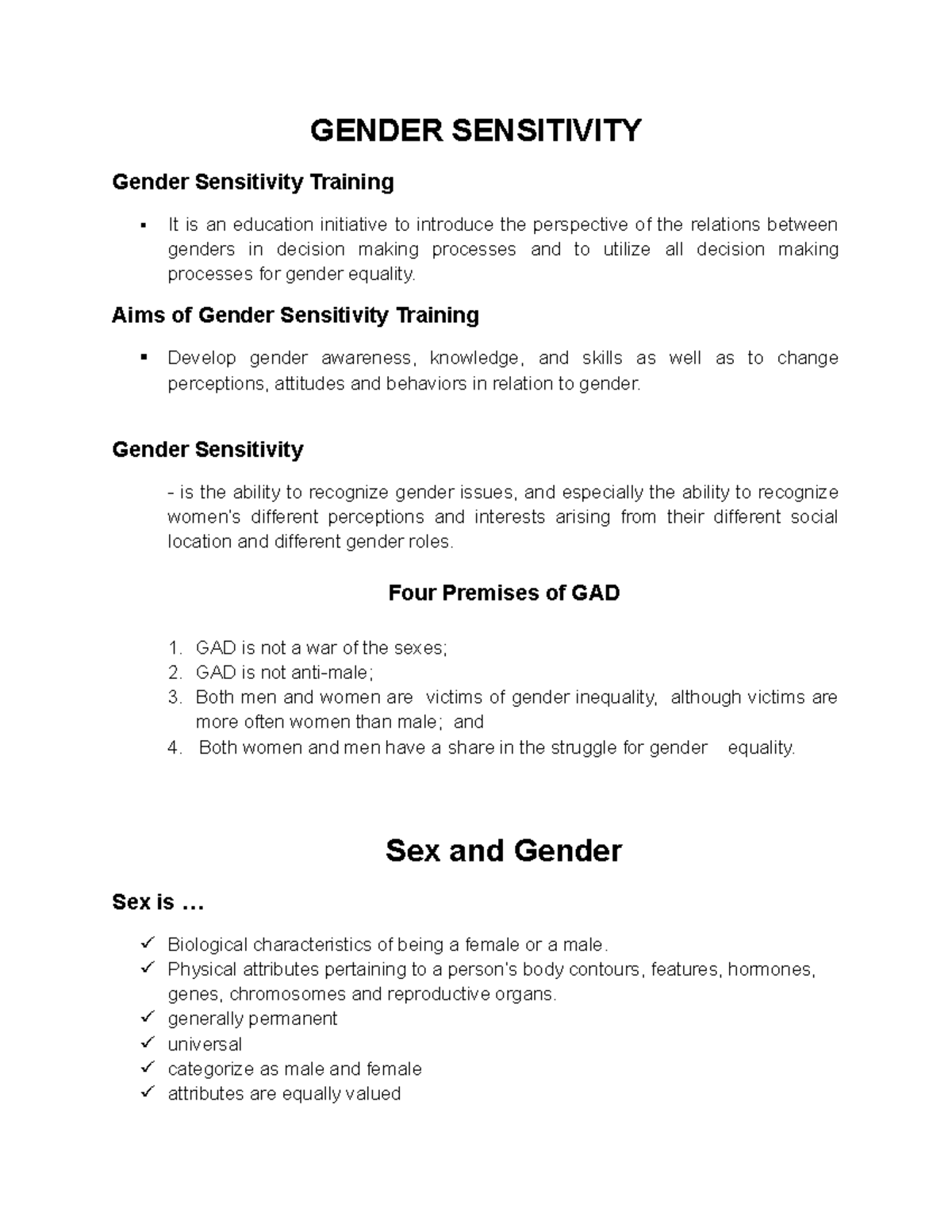 Gender Sensitivity Training Notes: Understanding GAD Concepts - Studocu