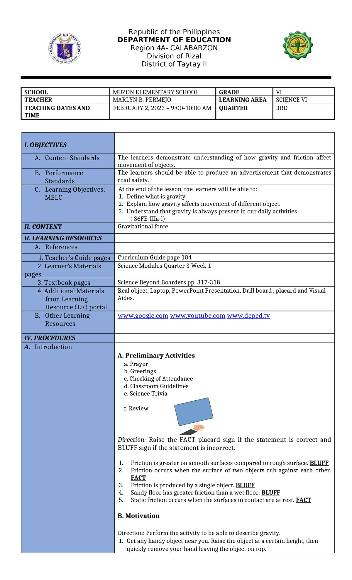 Lesson Exemplar: Health 6 Q3 - Earthquakes & Sound Pollution Effects ...