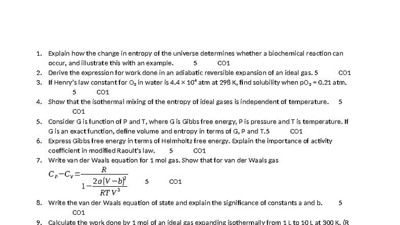 CO1-CO4 Biochemical Reactions & Kinetics: Question Suggestions - Studocu