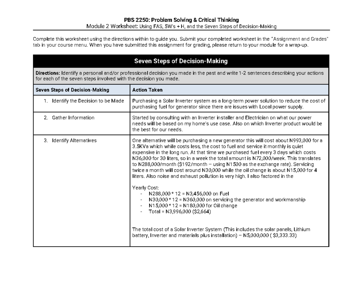 PBS 2250: Problem Solving Critical Thinking Module 2 Worksheet on Solar ...