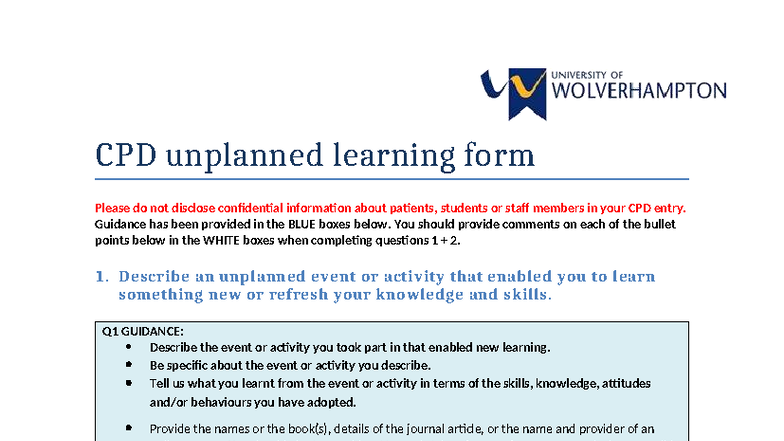 CPD Unplanned Learning Form - Template for Lifelong Learning - Studocu