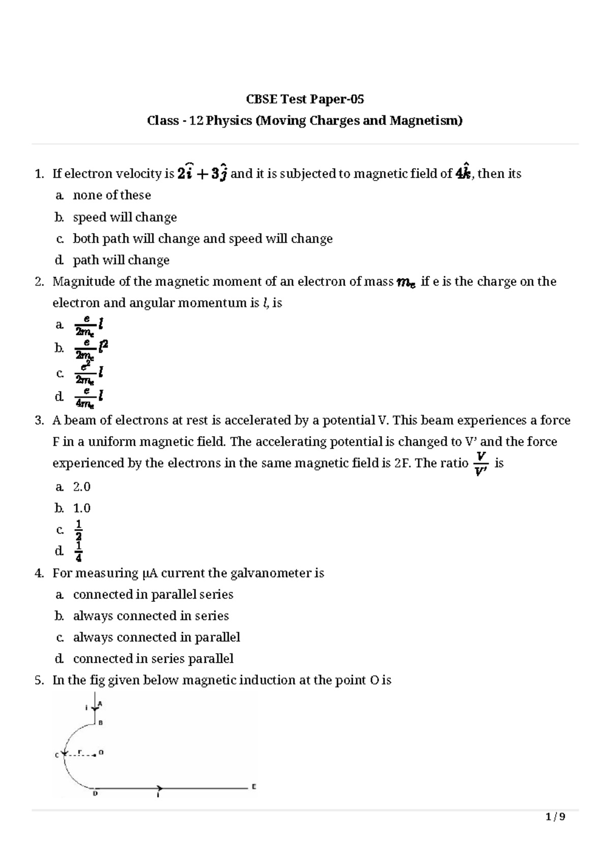 CBSE Class 12 Physics Test: Moving Charges and Magnetism Paper 05 - Studocu