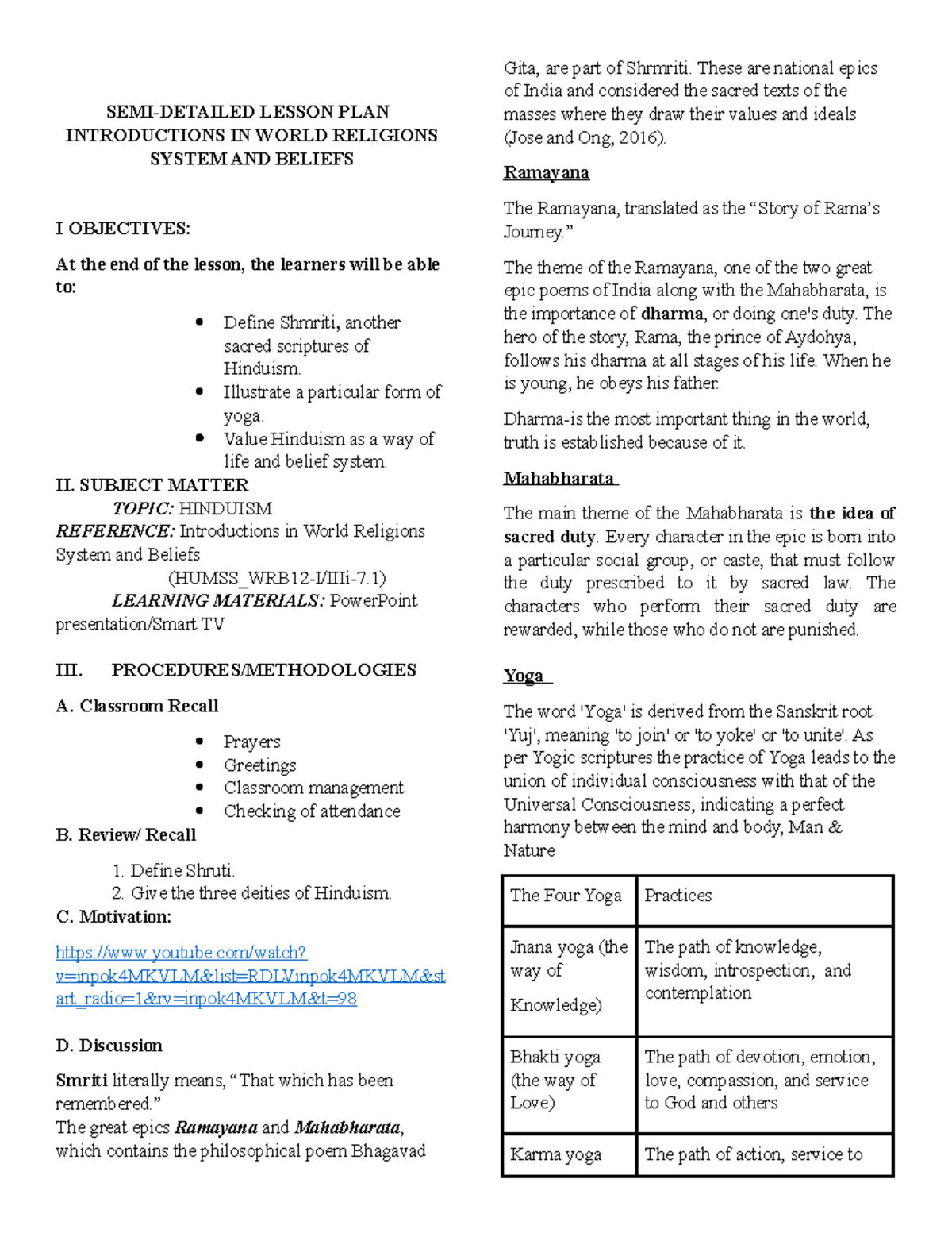 Lesson Plan on Hinduism: Smriti, Yoga & Sacred Texts (HUMSS_WRB12-I ...