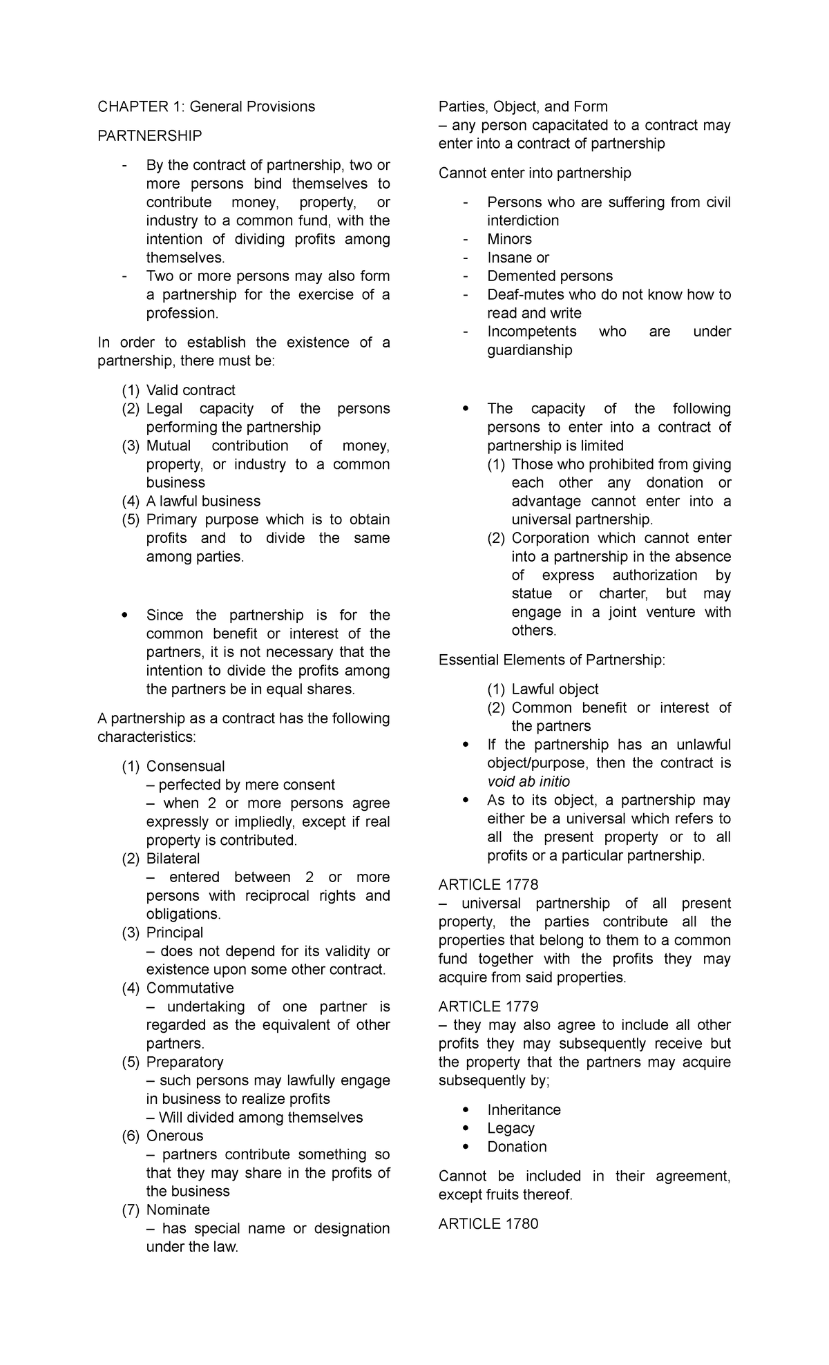BUSLAWS 101: Chapter 1 - General Provisions on Partnership Contracts - Studocu