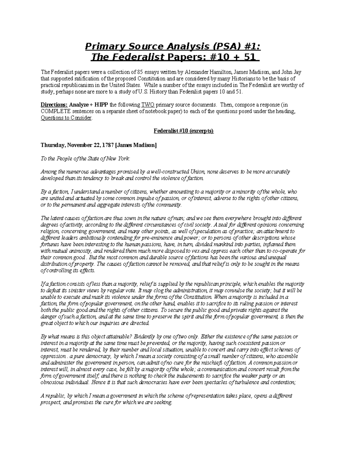 Primary Source Analysis (PSA): The Federalist Papers 10 & 51 - Studocu